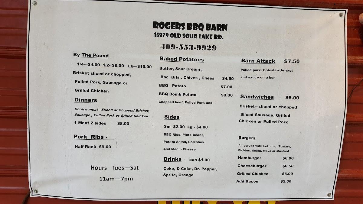 Menu at Rogers BBQ Barn, China