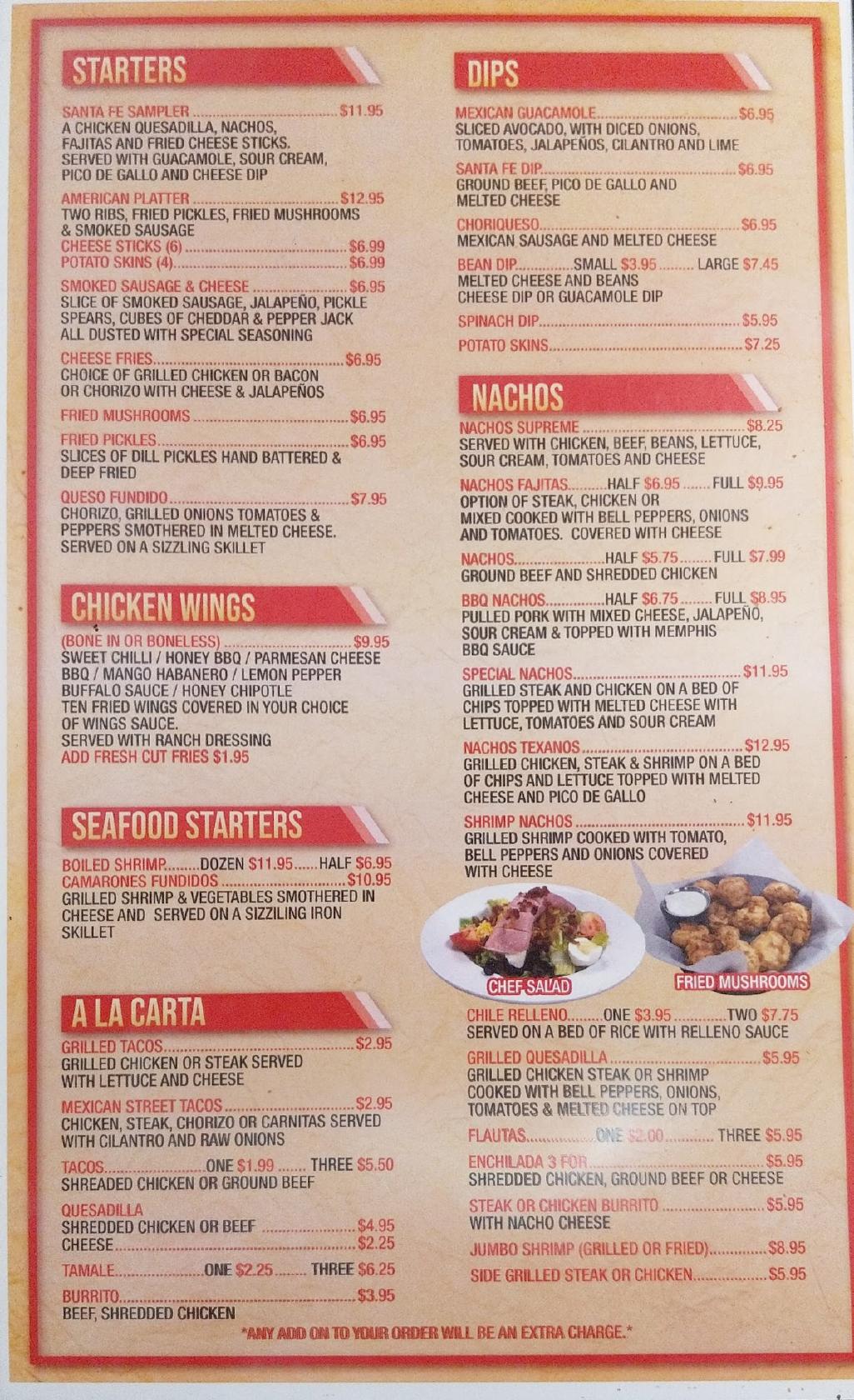 Menu at Santa Fe Grill & Bar - Jackson, Jackson, Interstate 55 North ...