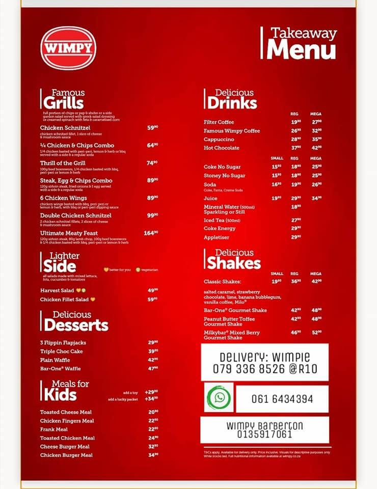 Menu at Wimpy restaurant, Barberton, Shop 11