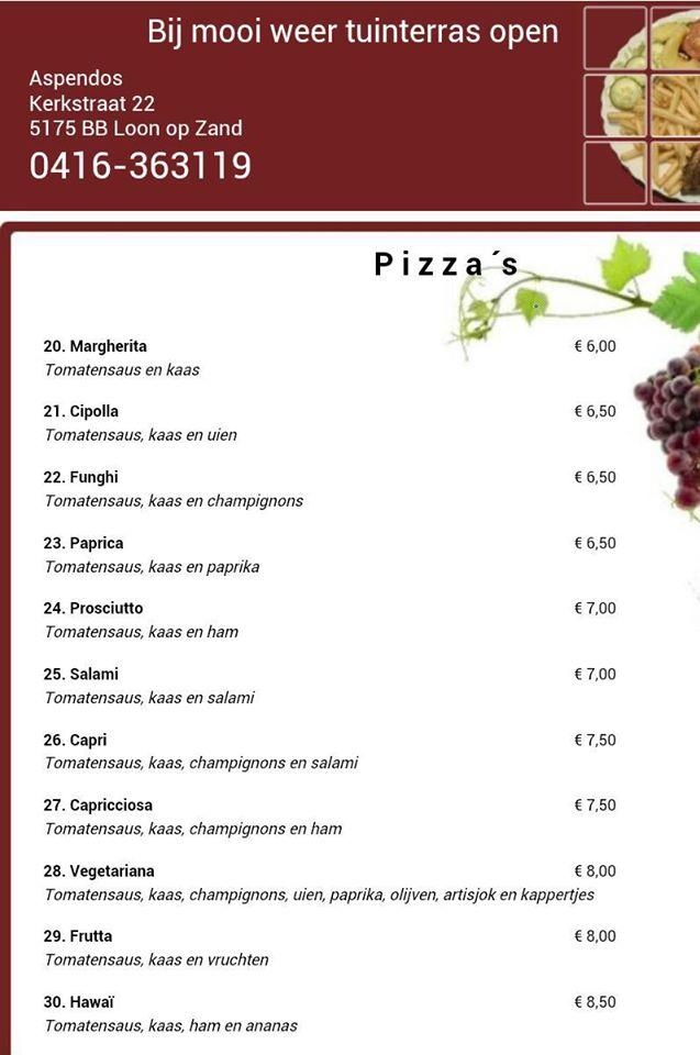 Menu at Aspendos pizza en grillroom, Loon op Zand