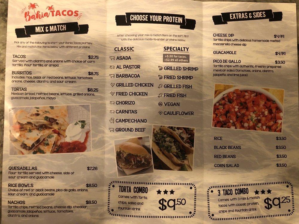 Menu at Bahia Tacos restaurant, Tampa