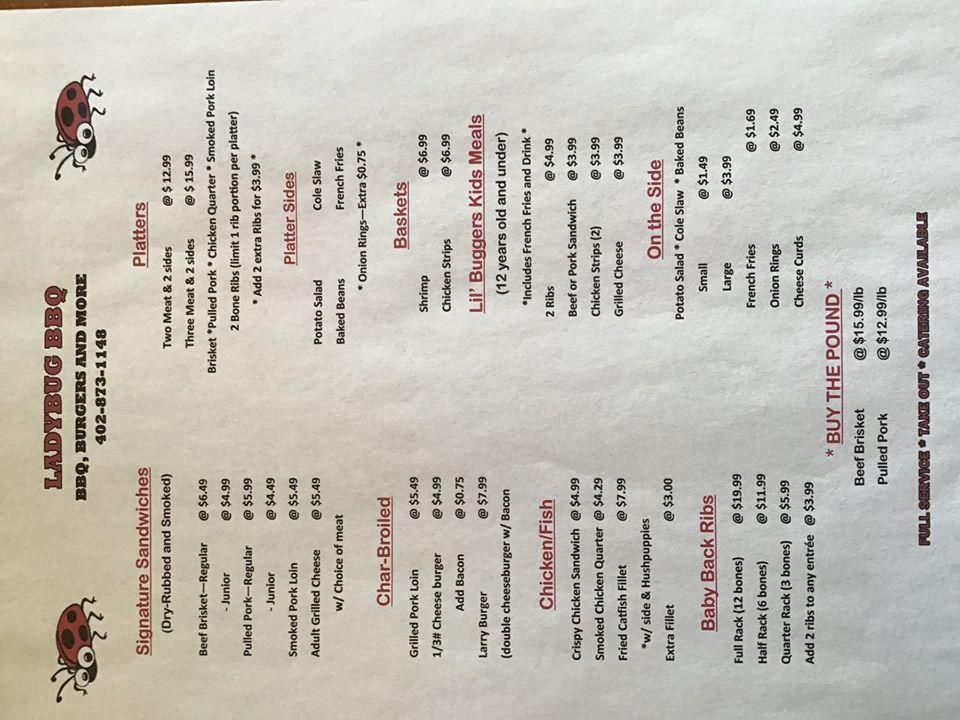 Menu at Ladybug BBQ, Nebraska City