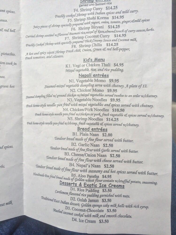 Menu at Nepal's Cafe, Estes Park