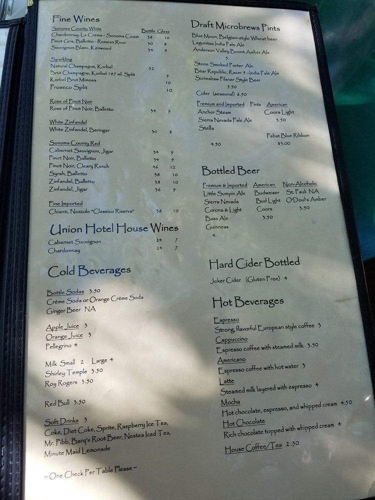 Menu at Occidental Union Hotel Restaurant, Occidental