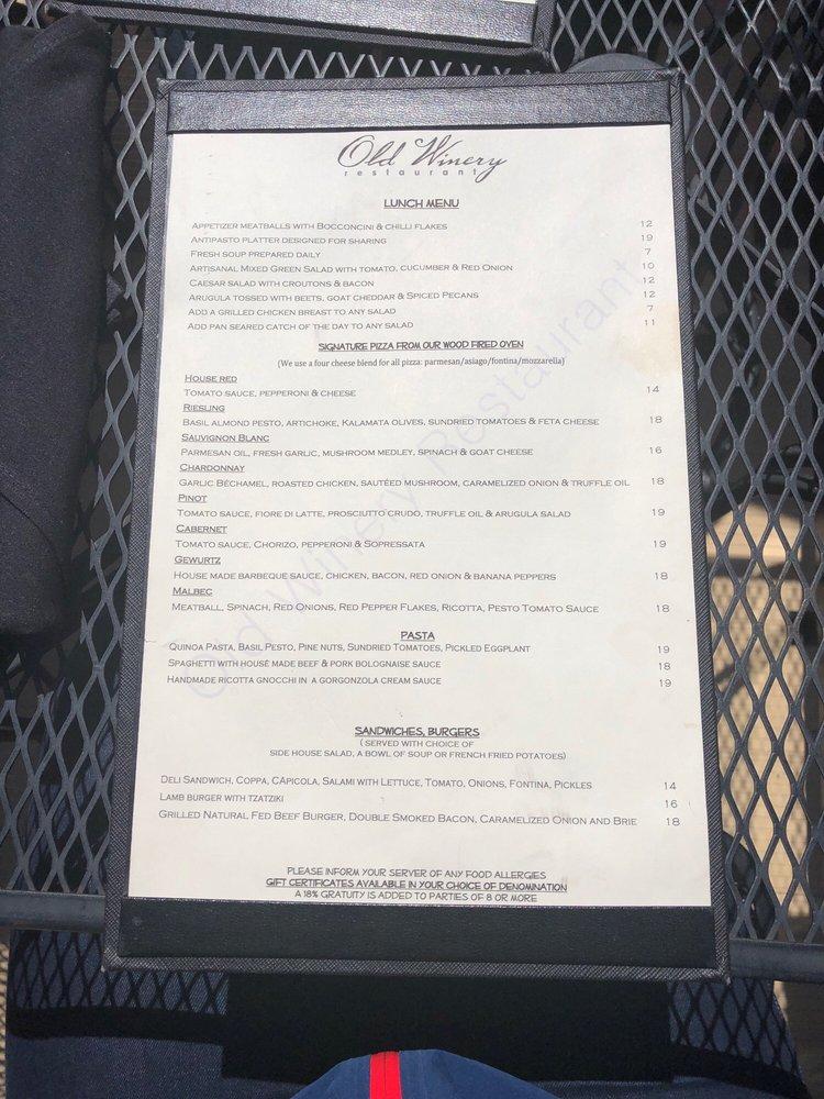 Menu at The Old Winery Restaurant & Wine Bar, Niagara-on-the-Lake