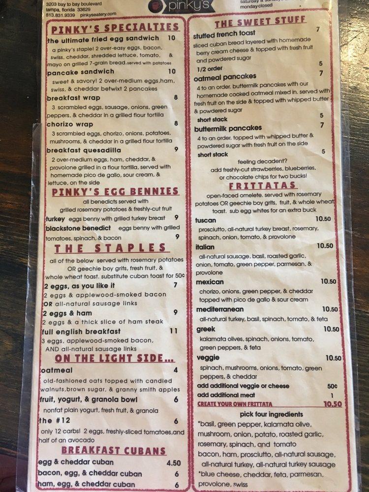 Menu at Pinky's Diner restaurant, Tampa