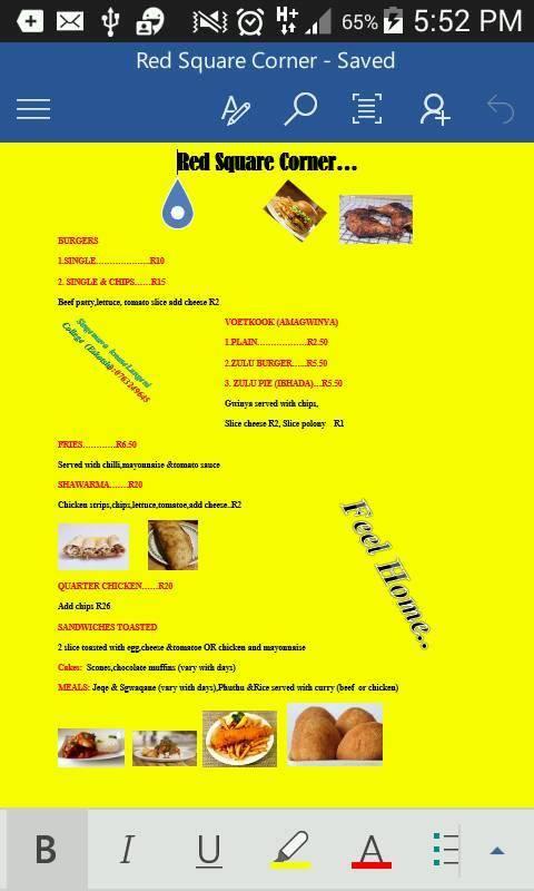 Menu at Red Square Corner restaurant, Outer West Durban