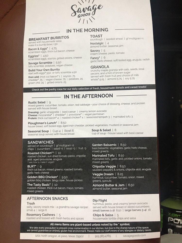 Menu at Savage Goods cafe, El Paso