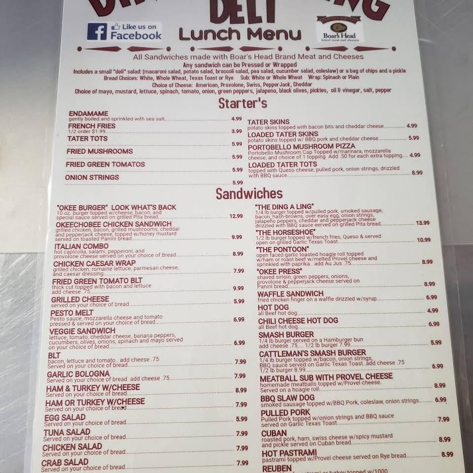 Menu at Ding A Ling Deli cafe, Okeechobee, SE