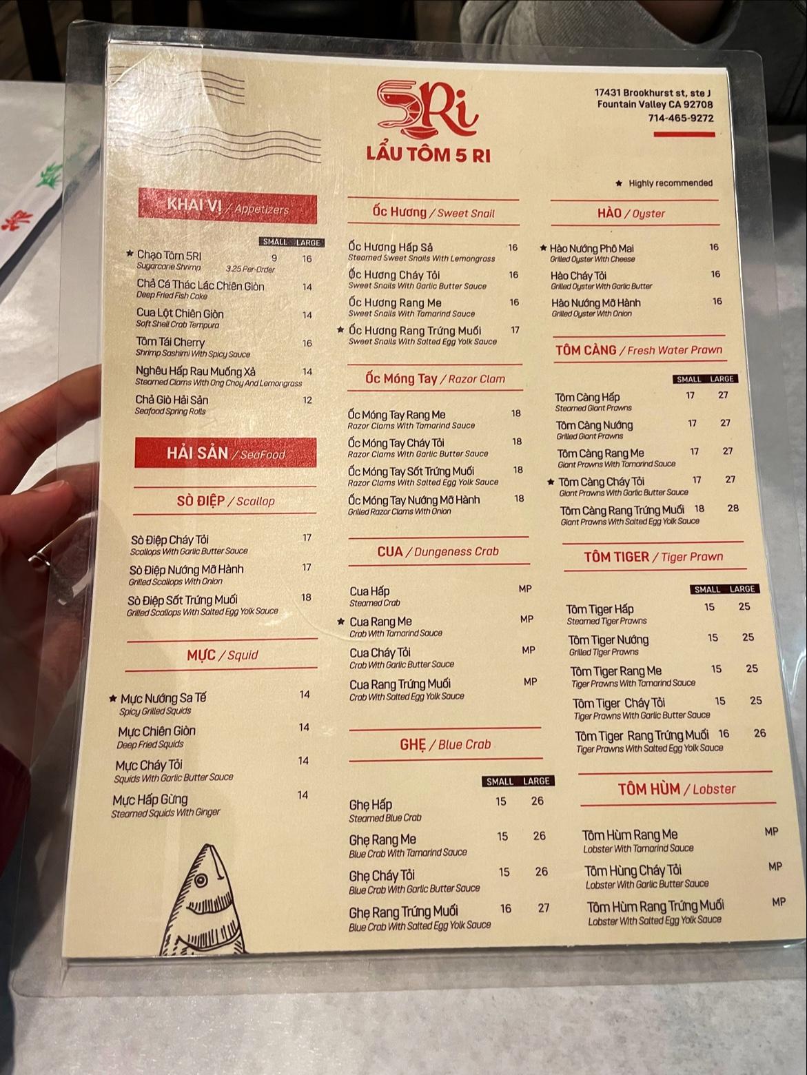 Menu at Lẩu Tôm 5 Ri restaurant, Fountain Valley