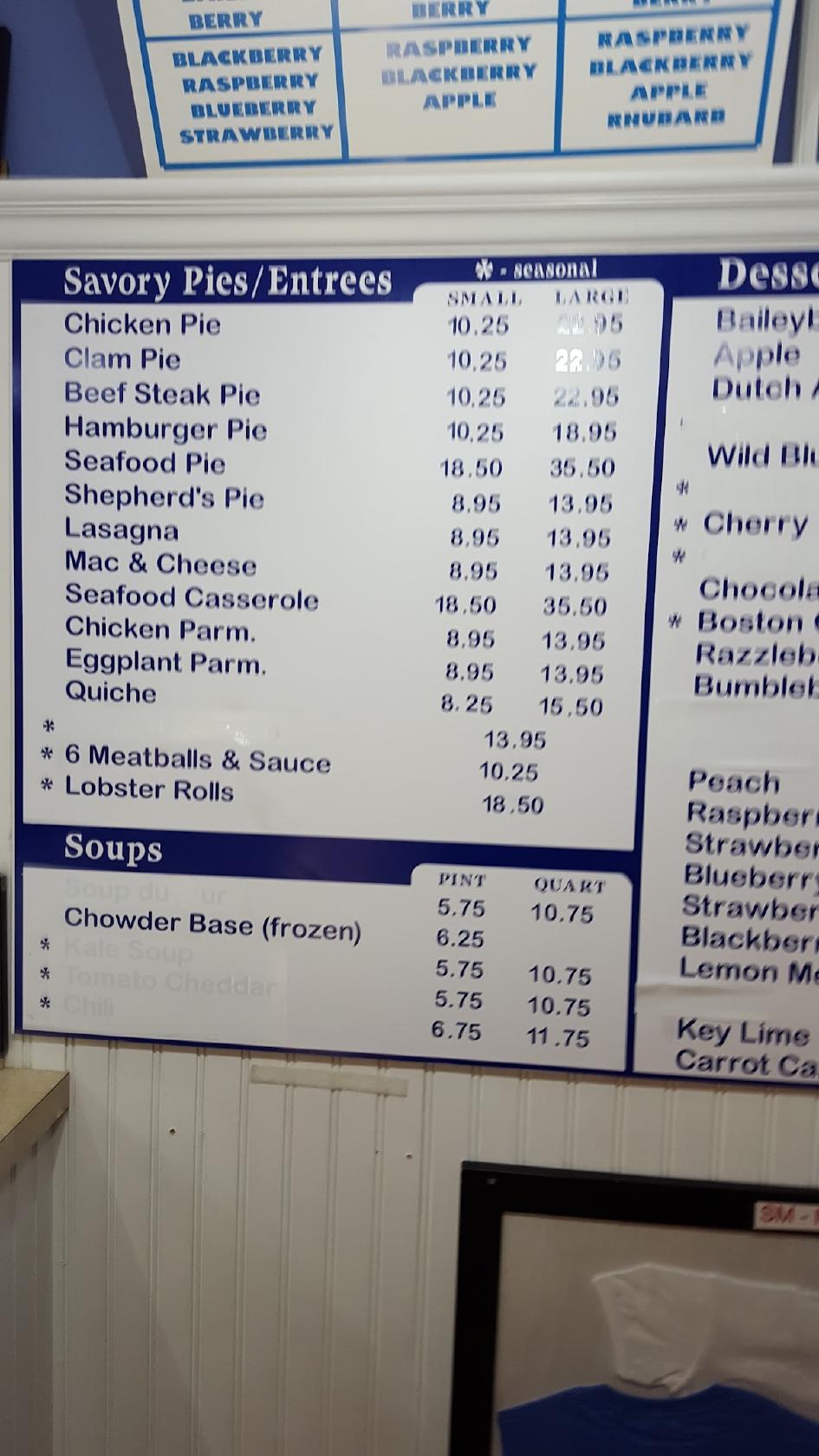 Menu at Marion's Pie Shop restaurant, Chatham