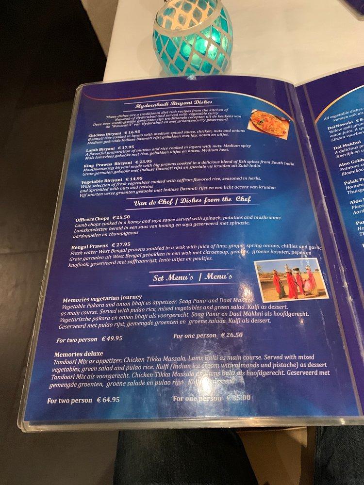Menu at Memories of India, Amsterdam