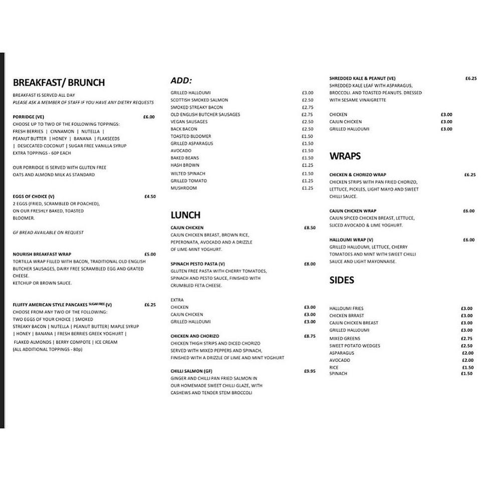 Menu at Nourish cafe, Wilmslow