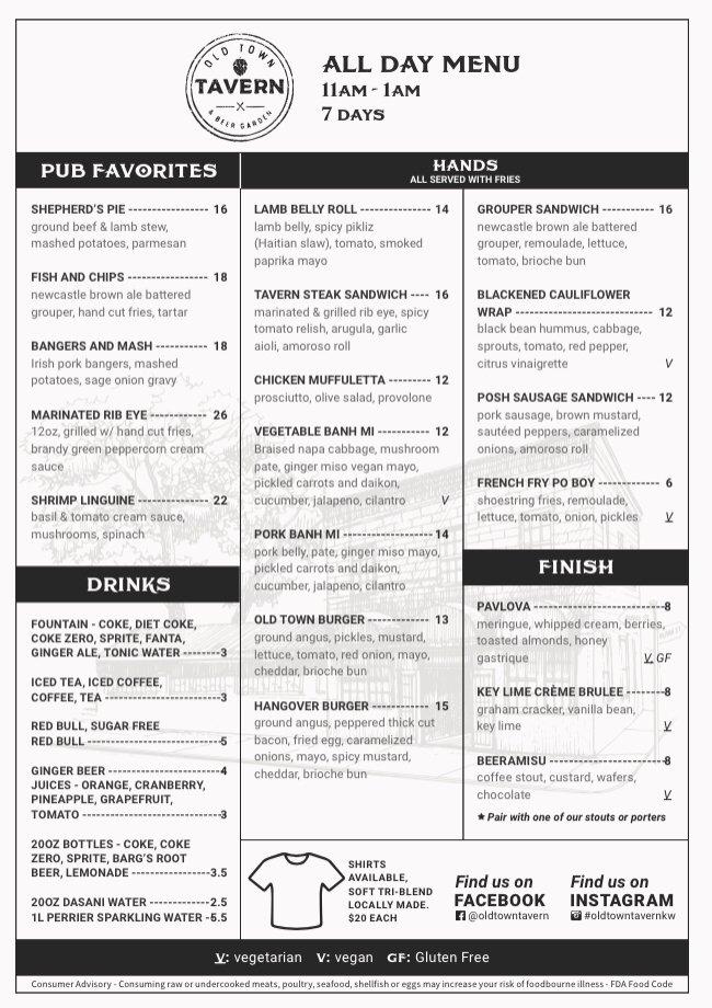 Menu at Old Town Tavern & Beer Garden restaurant, Key West, 900 Duval St