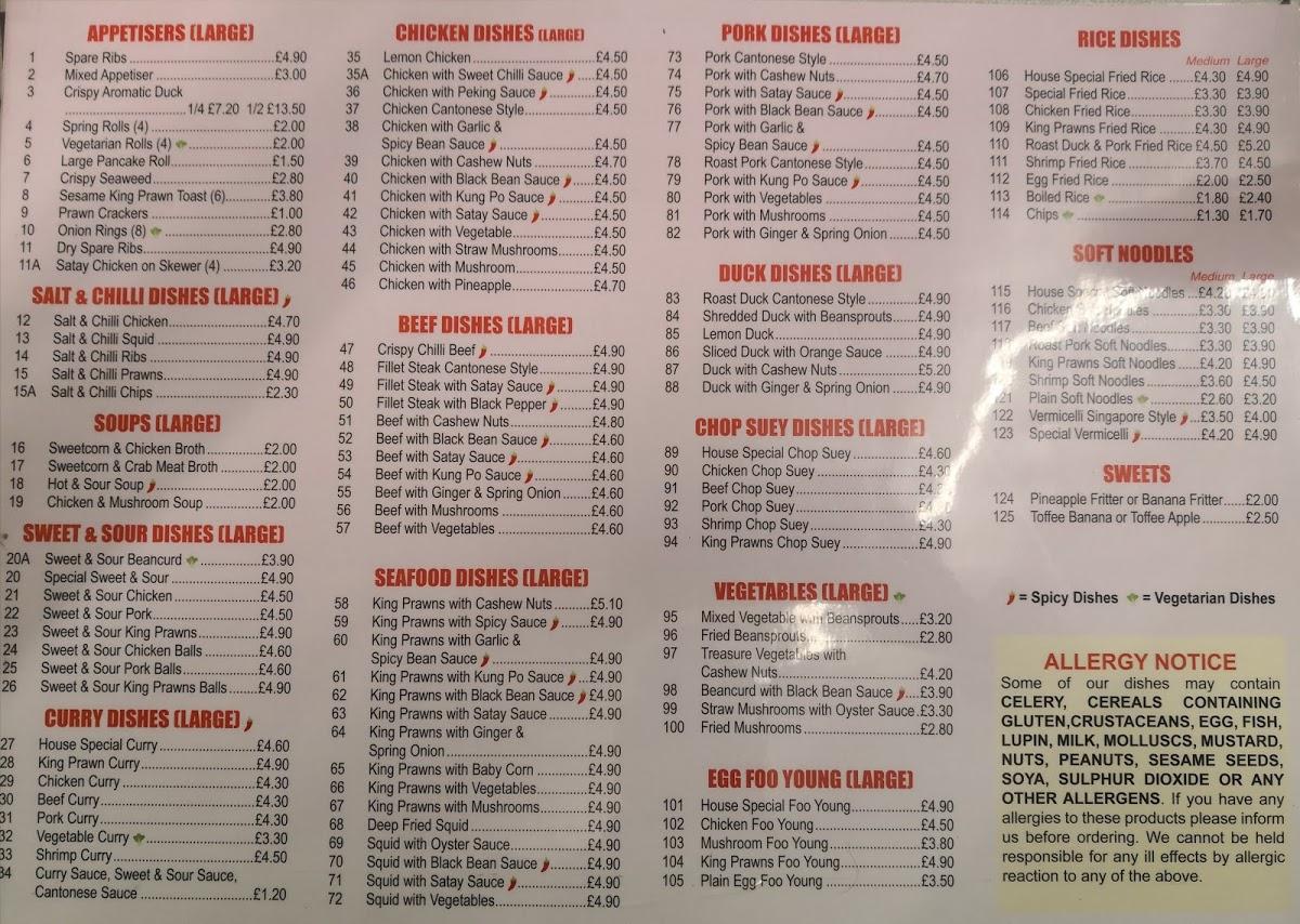 Menu at Pang's Cantonese Takeaway fast food, Peterborough