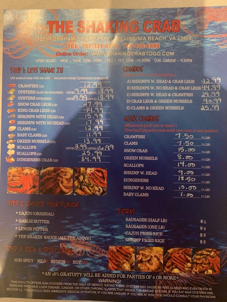 Menu at Shaking Crab restaurant, Virginia Beach