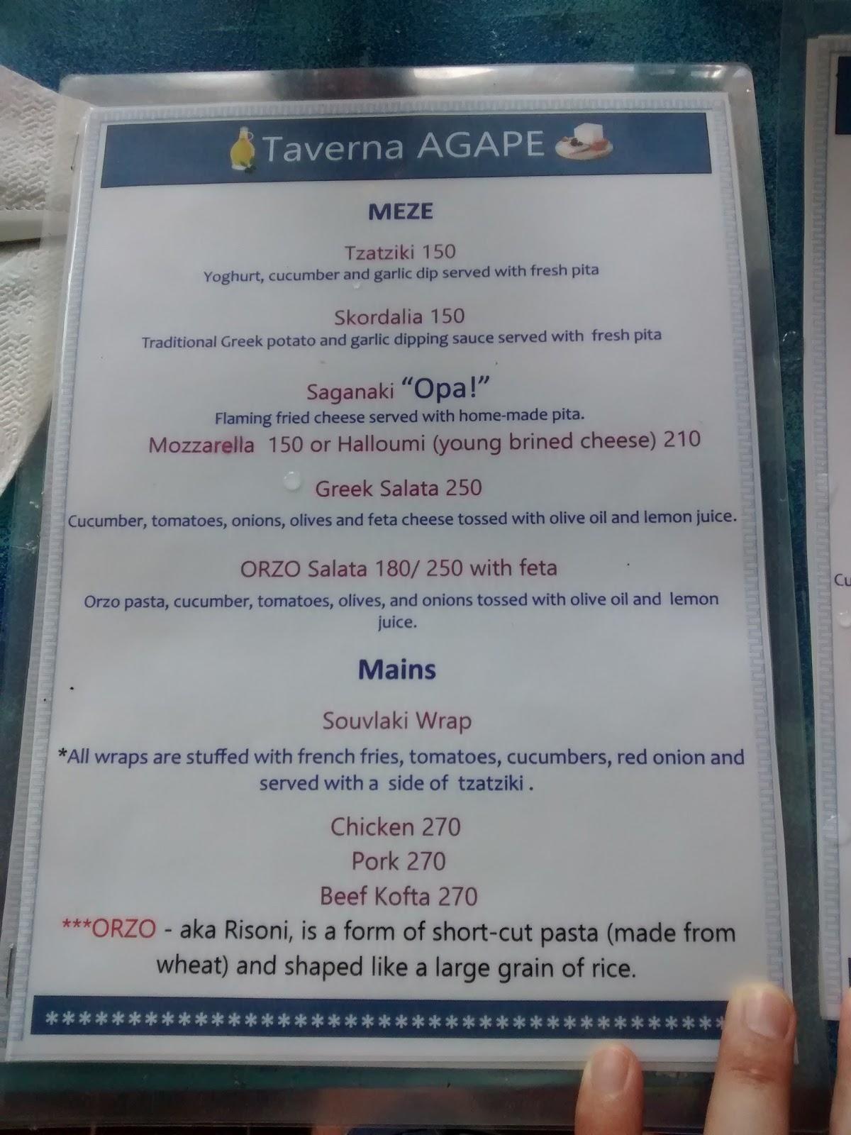 Menu at Taverna Agape restaurant, El Nido