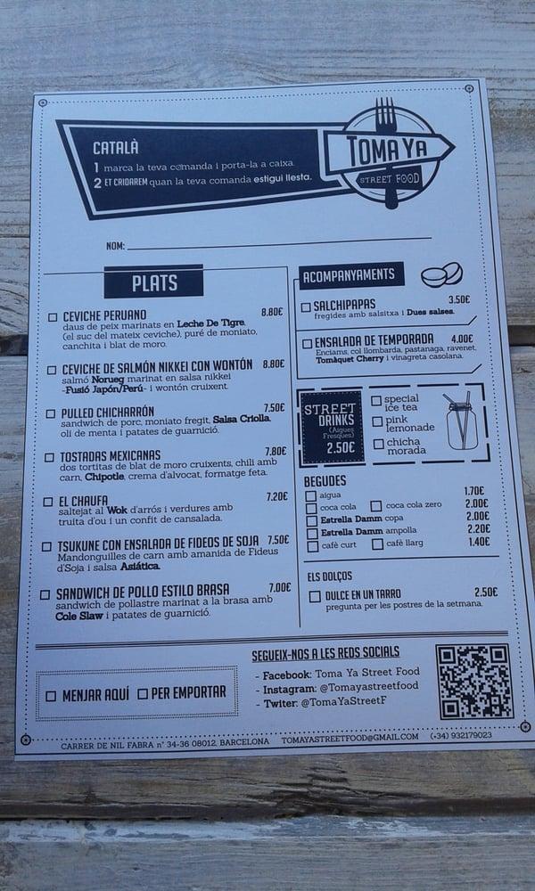 Menu at Toma Ya Street Food restaurant, Barcelona