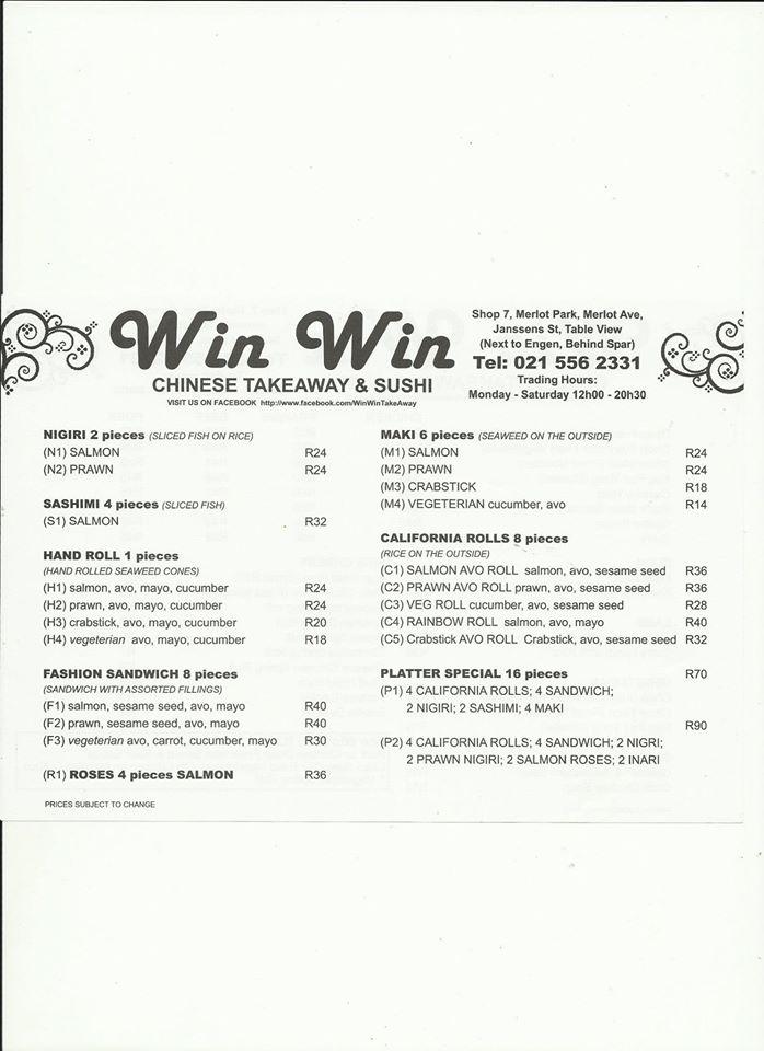 Menu at Win Win Chinese Take Away restaurant, Cape Town