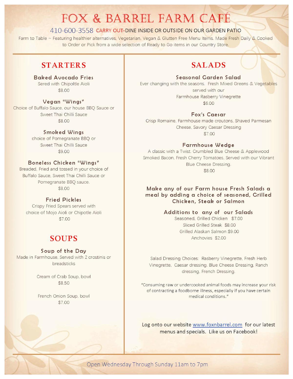 Menu at Fox & Barrel Farm Cafe, Ellicott City