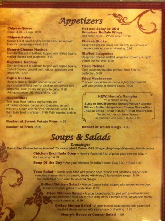 Menu at Henry's Restaurant, Lockhart