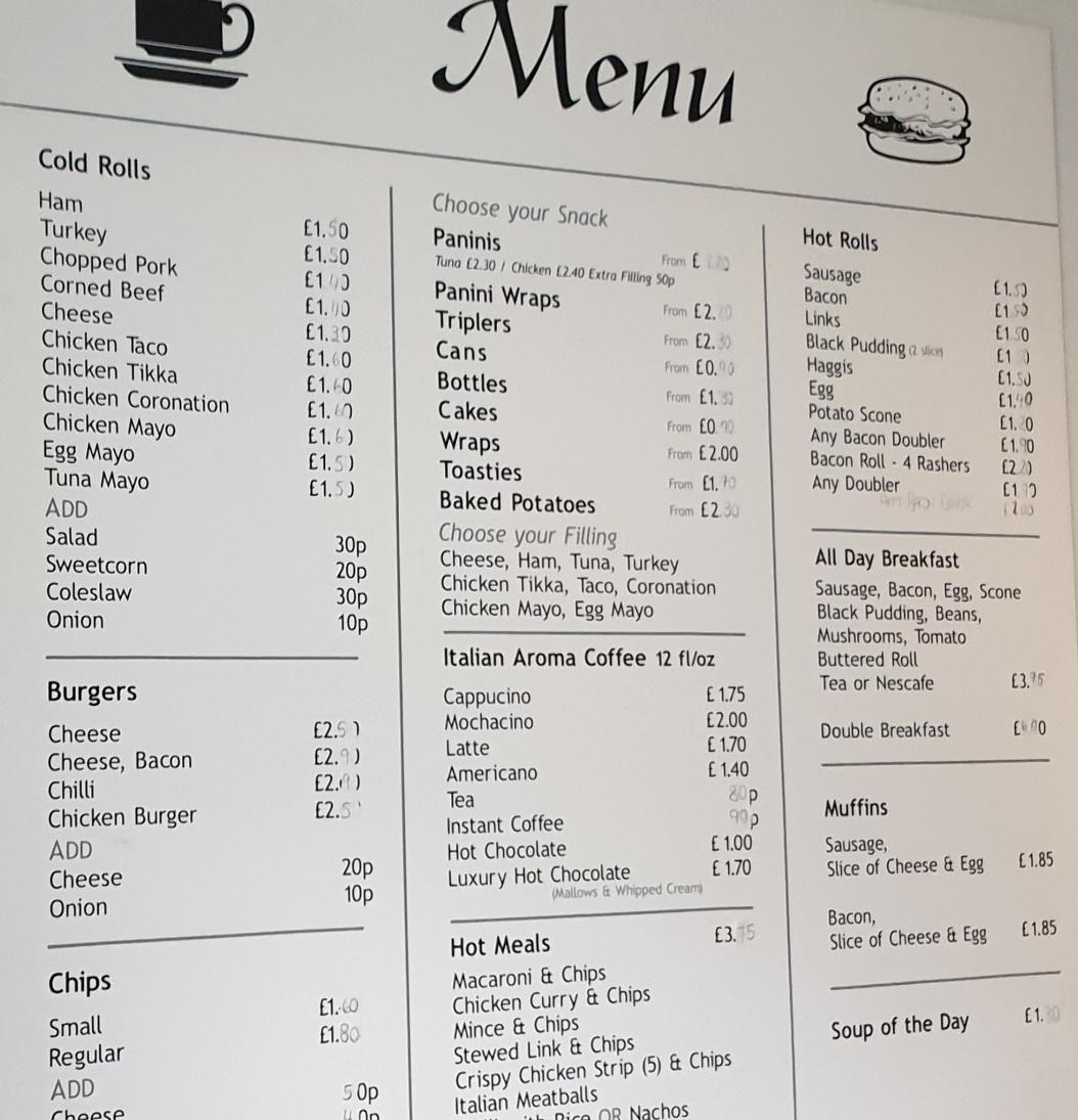 Menu at Jac's cafe, Stirling
