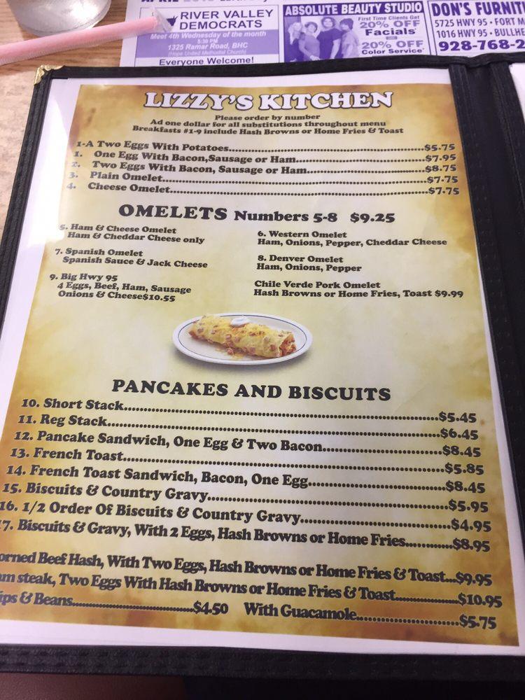 Menu at Lizzy's Kitchen restaurant, Bullhead City, AZ-95