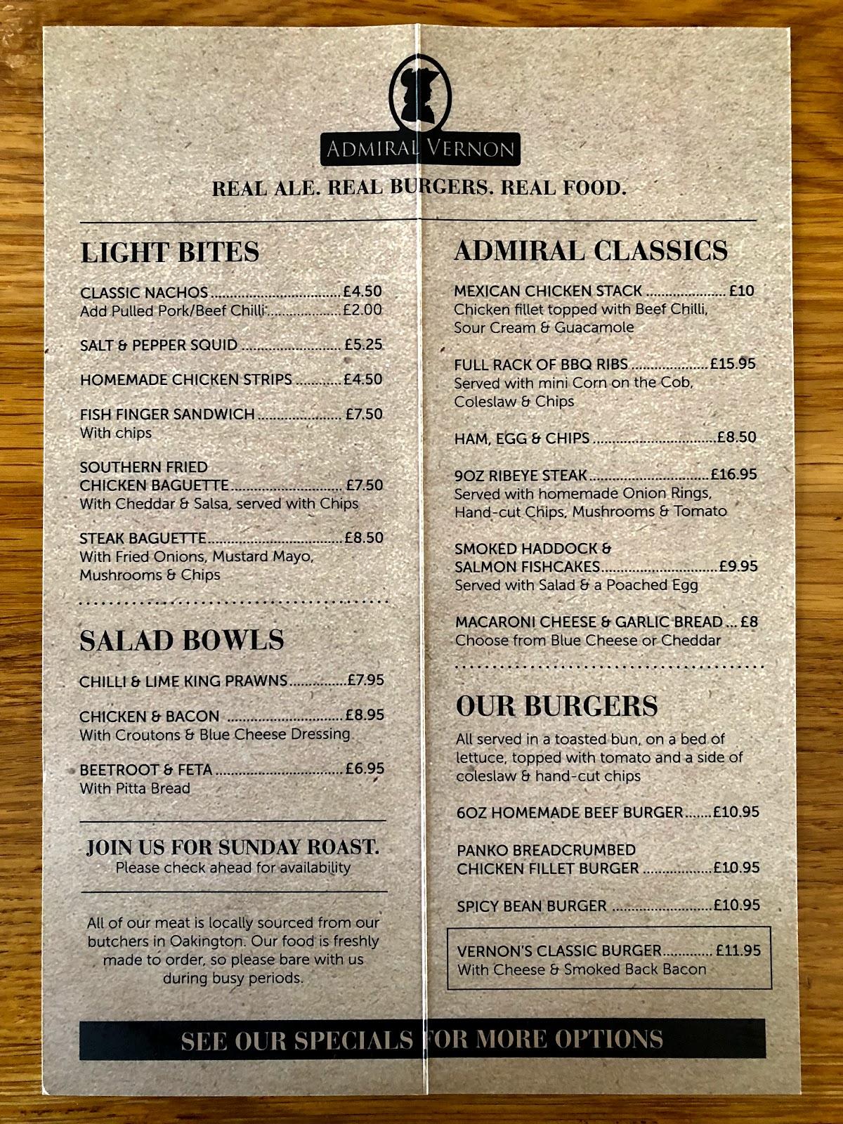 Menu at The Admiral - Over pub & bar, Over