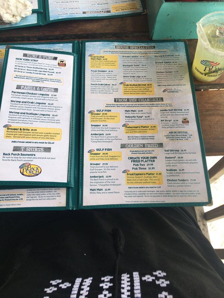 Menu at The Back Porch restaurant, Destin