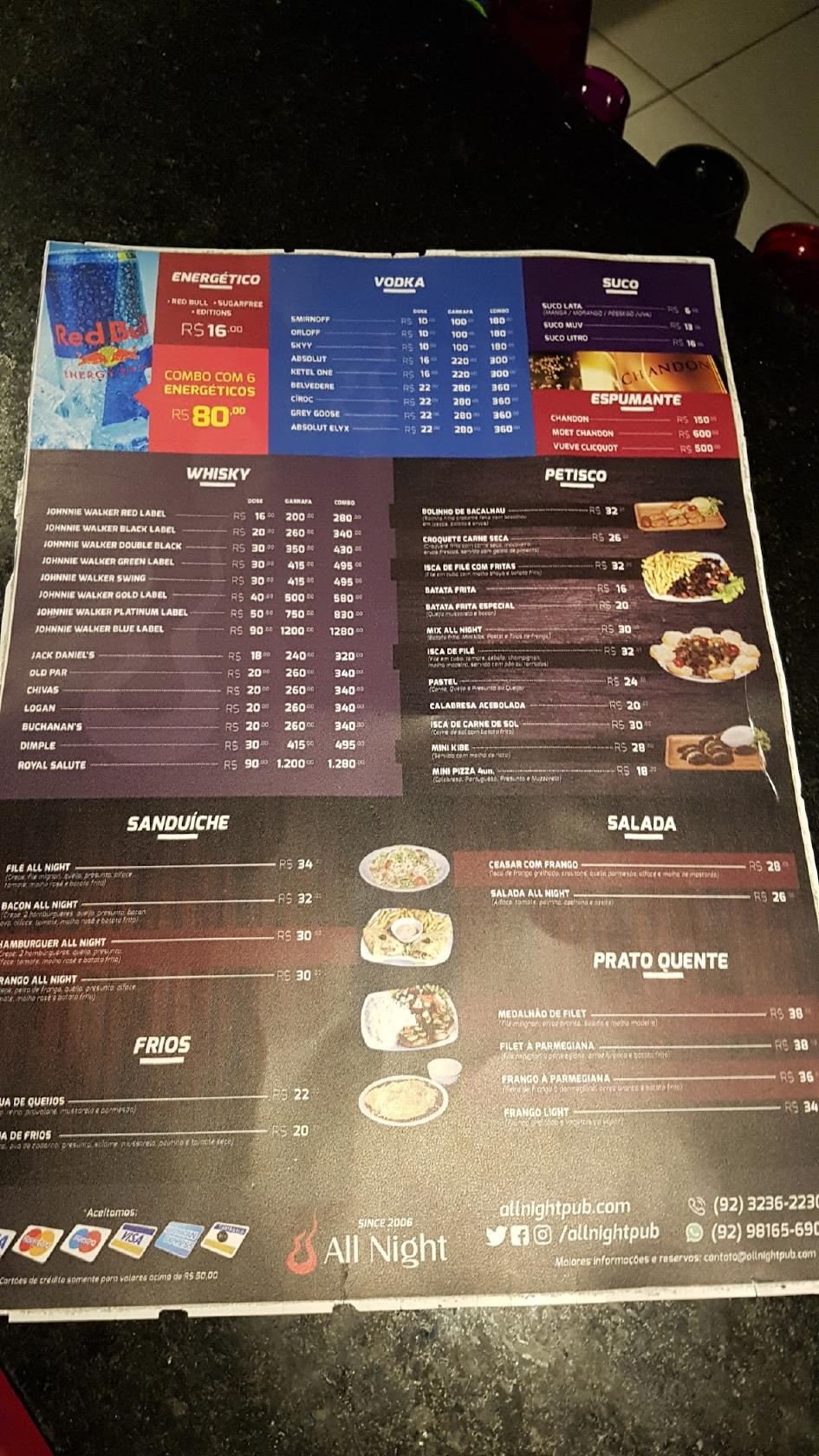 Menu em All Night Pub, Manaus