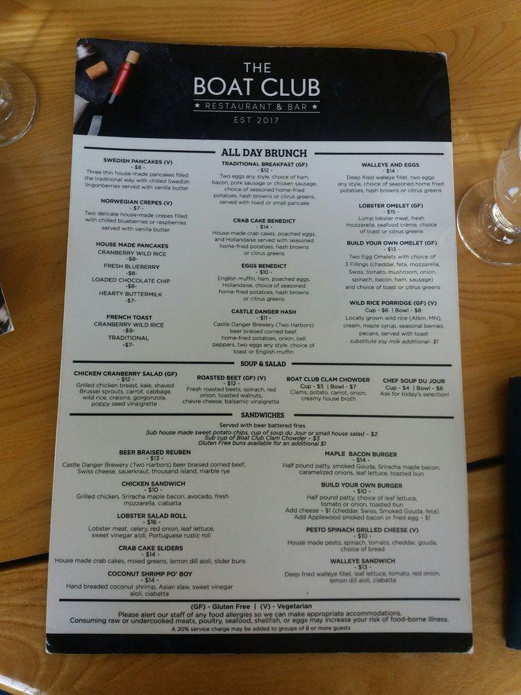 Menu at Boat Club Restaurant, Duluth