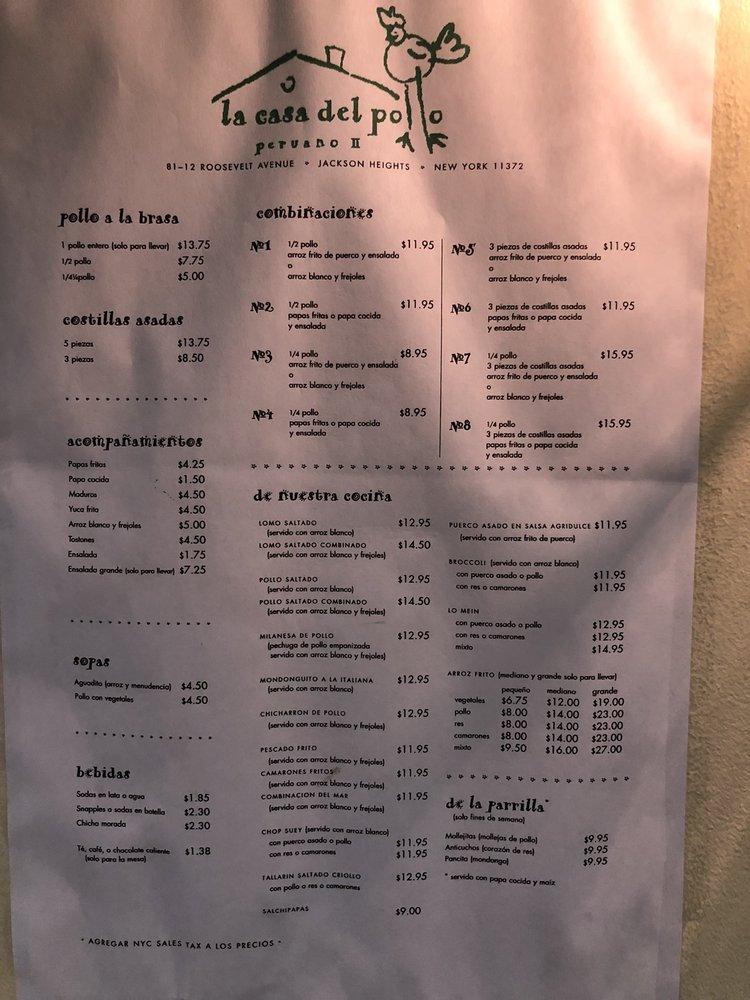 Menu at La casa del pollo peruano restaurant, New York City, Roosevelt Ave