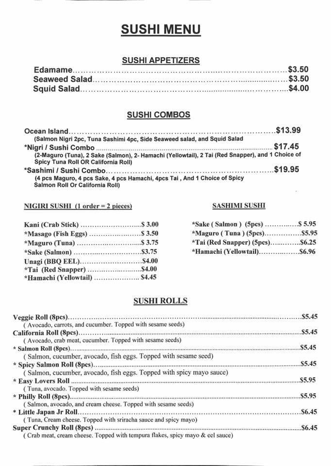 Menu at Little Japan restaurant, Royston