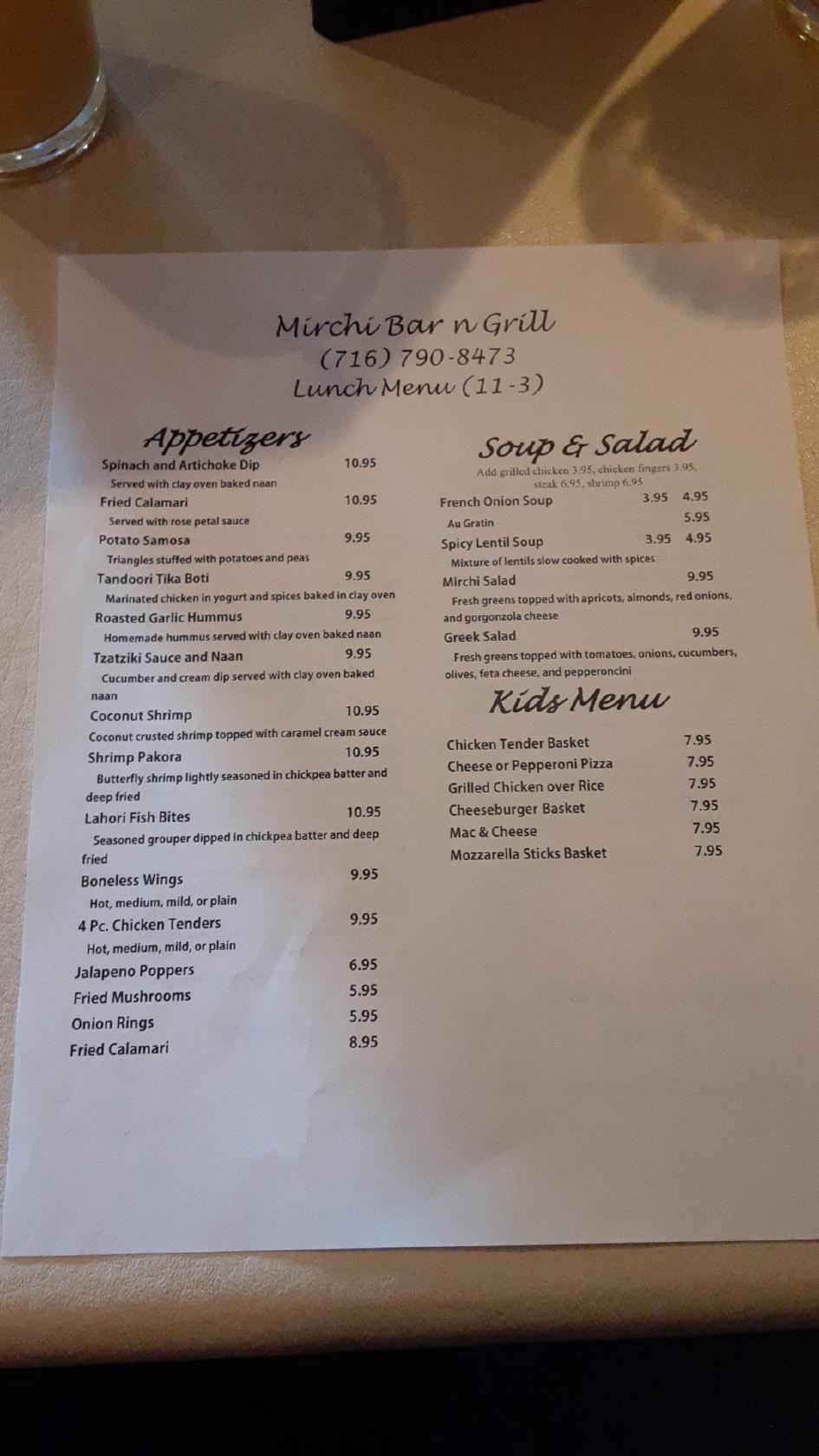 Menu at Mirchi Bar n Grill, Olean