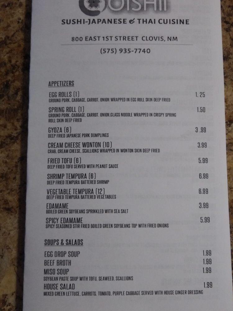 Menu at Oishii Japanese Thai Restaurant, Clovis
