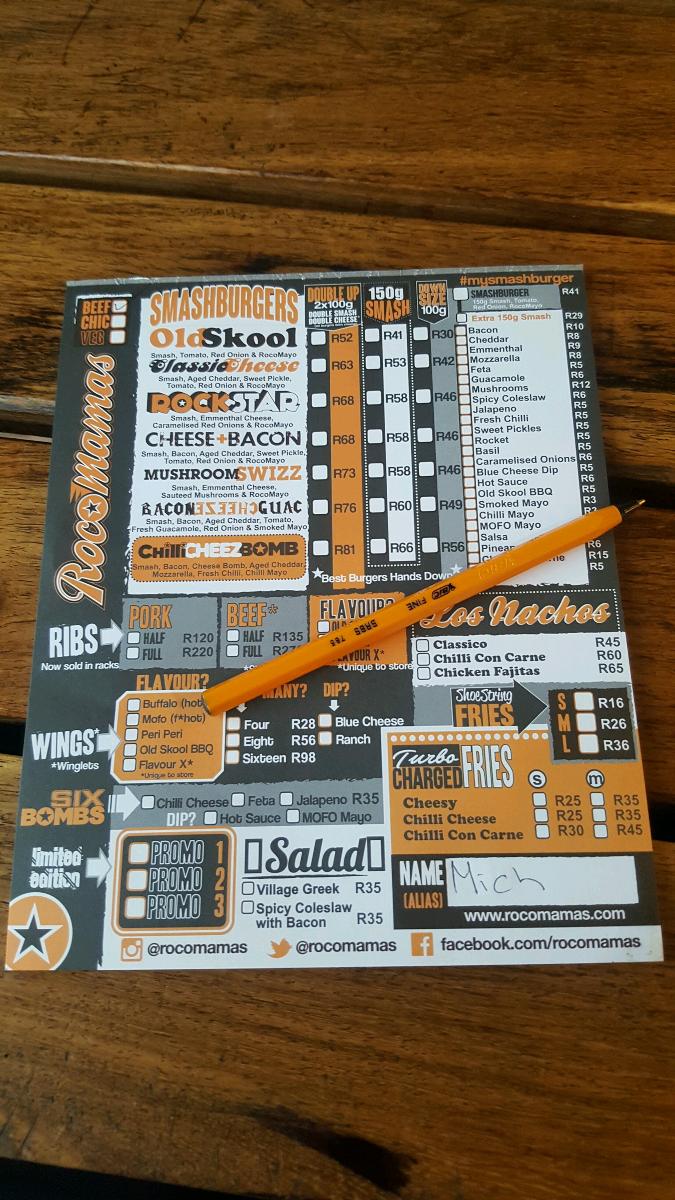 Menu at RocoMamas restaurant, Johannesburg, Stoneridge Shopping Center