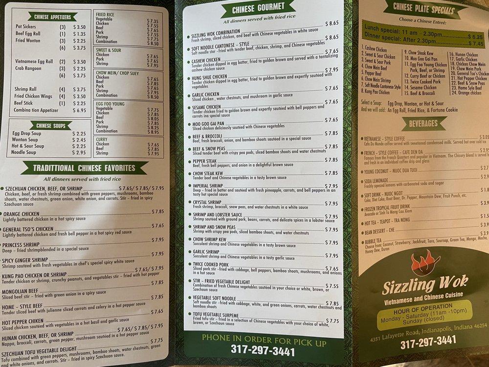 Menu at Sizzling Wok restaurant, Indianapolis, Lafayette Rd