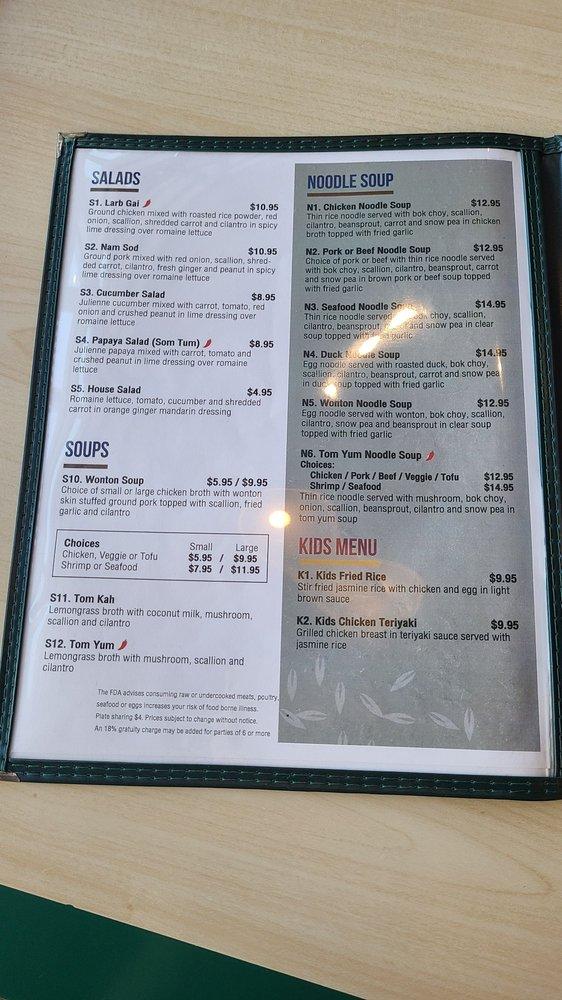 Menu at Thai Seed restaurant, USA