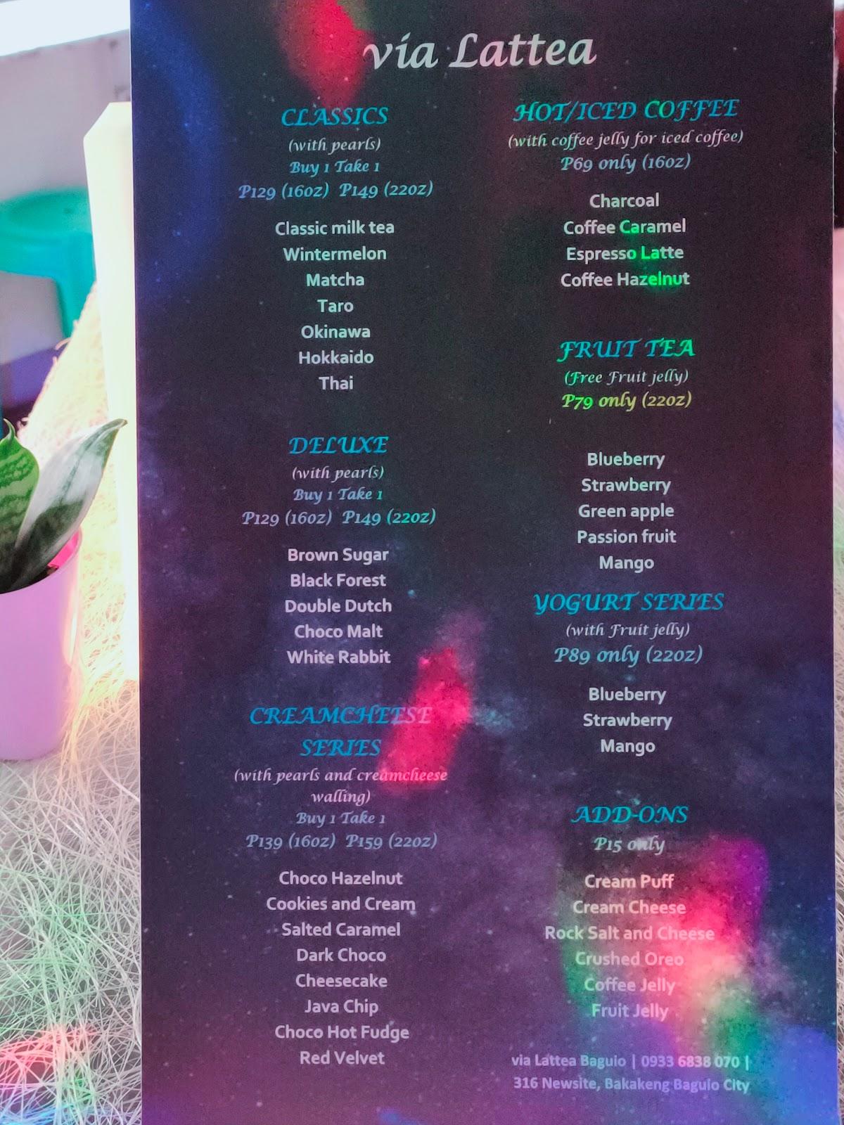 Menu at via Lattea Baguio cafe, Baguio