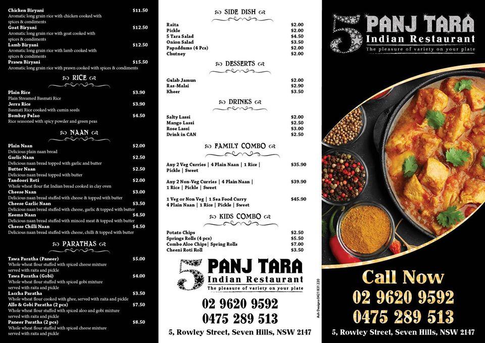 Carta del restaurante 5 Panj Tara Indian Cuisine, Seven Hills
