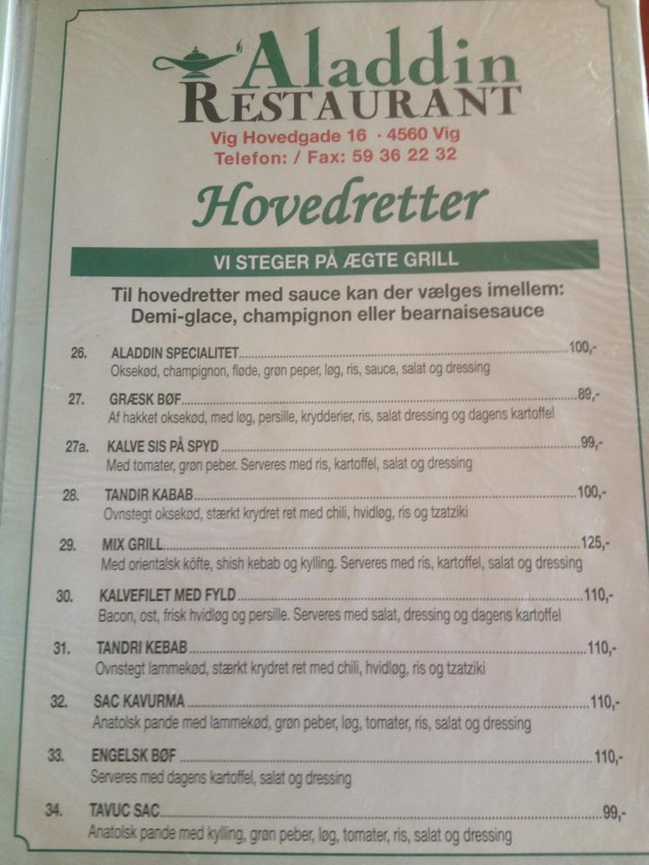 Carta de Aladdin Restaurant, Vig
