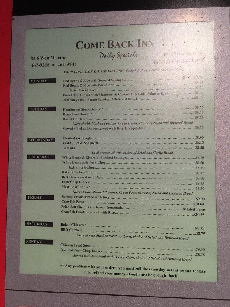 Menu at Come Back Inn restaurant, Metairie, W Metairie Ave