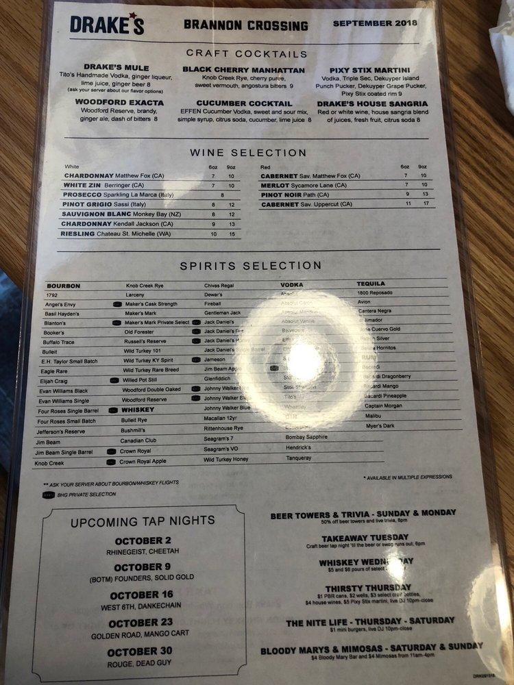 Menu at Drake's restaurant, Nicholasville
