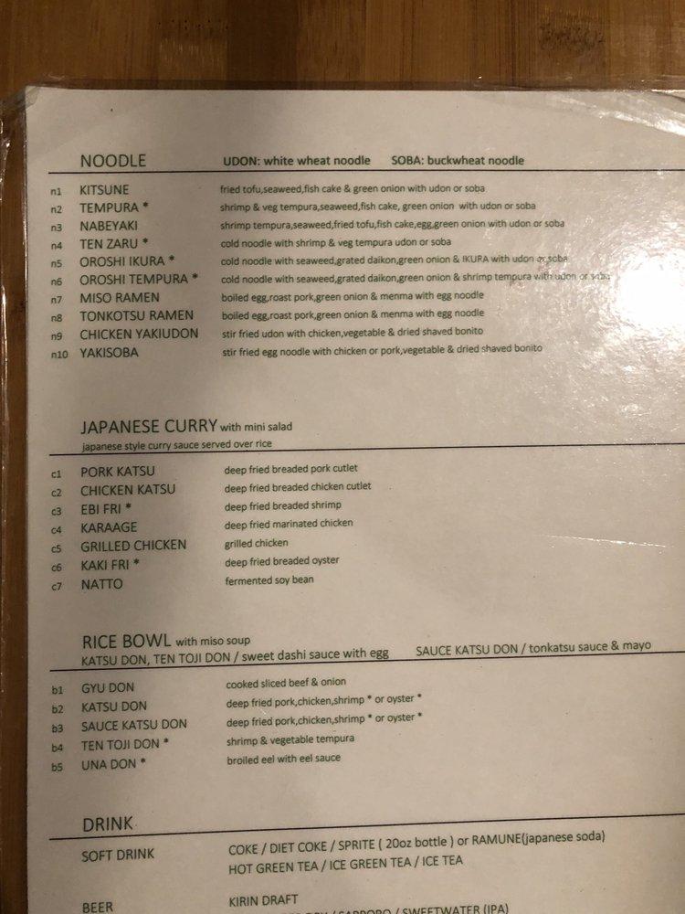 Menu at East Japanese Restaurant, Knoxville
