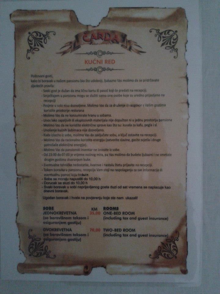 Menu at Etno restoran Čarda restaurant, Doboj