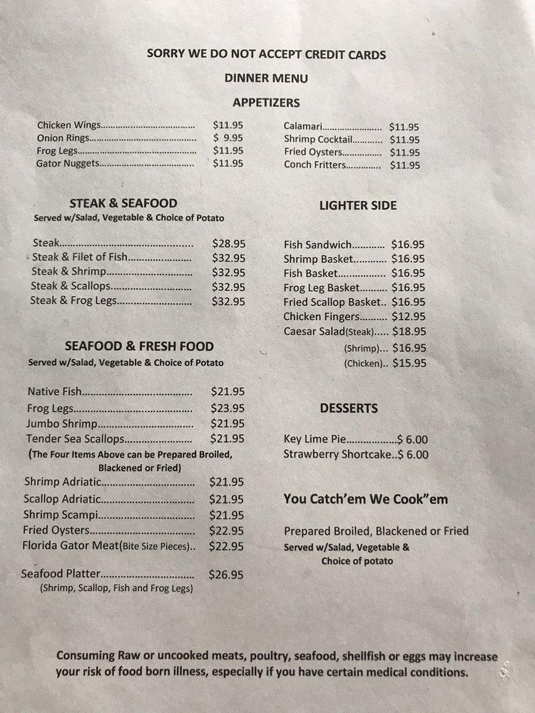 Menu at Everglades Rod & Gun Club, Everglades City