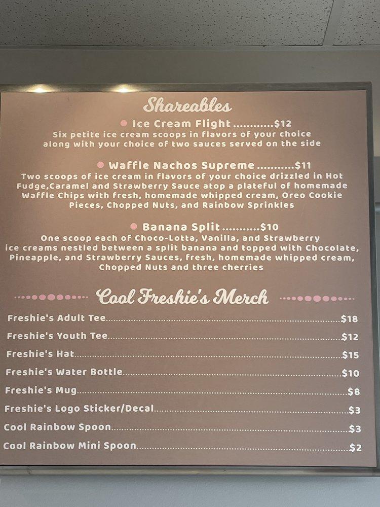 Menu at Freshie’s desserts, Lexington
