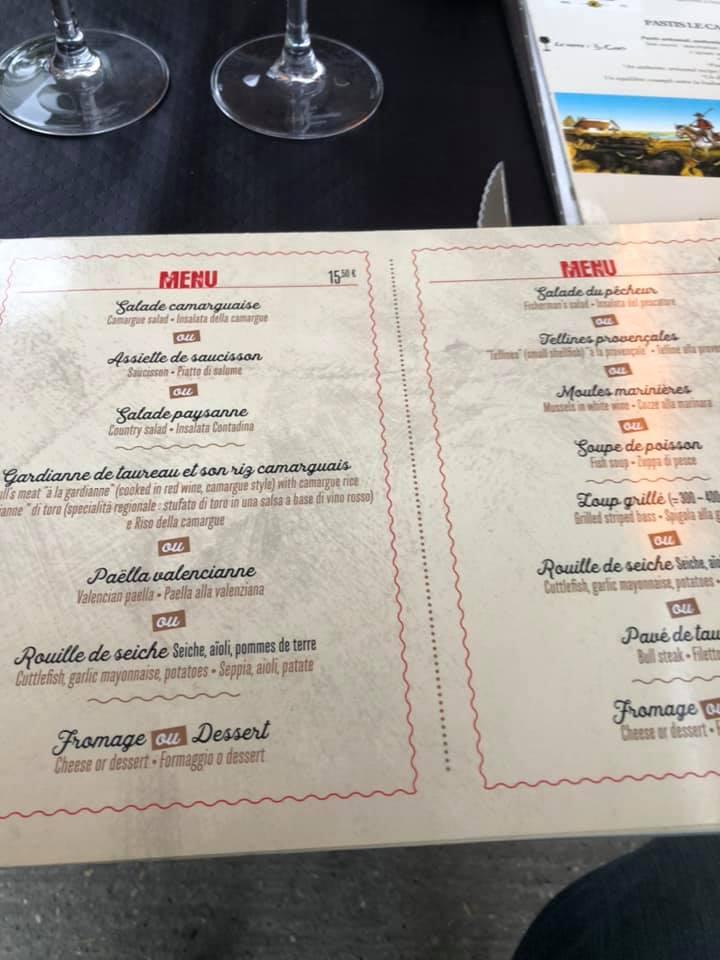 Menu at Lou Penequet restaurant, Saintes-Maries-de-la-Mer