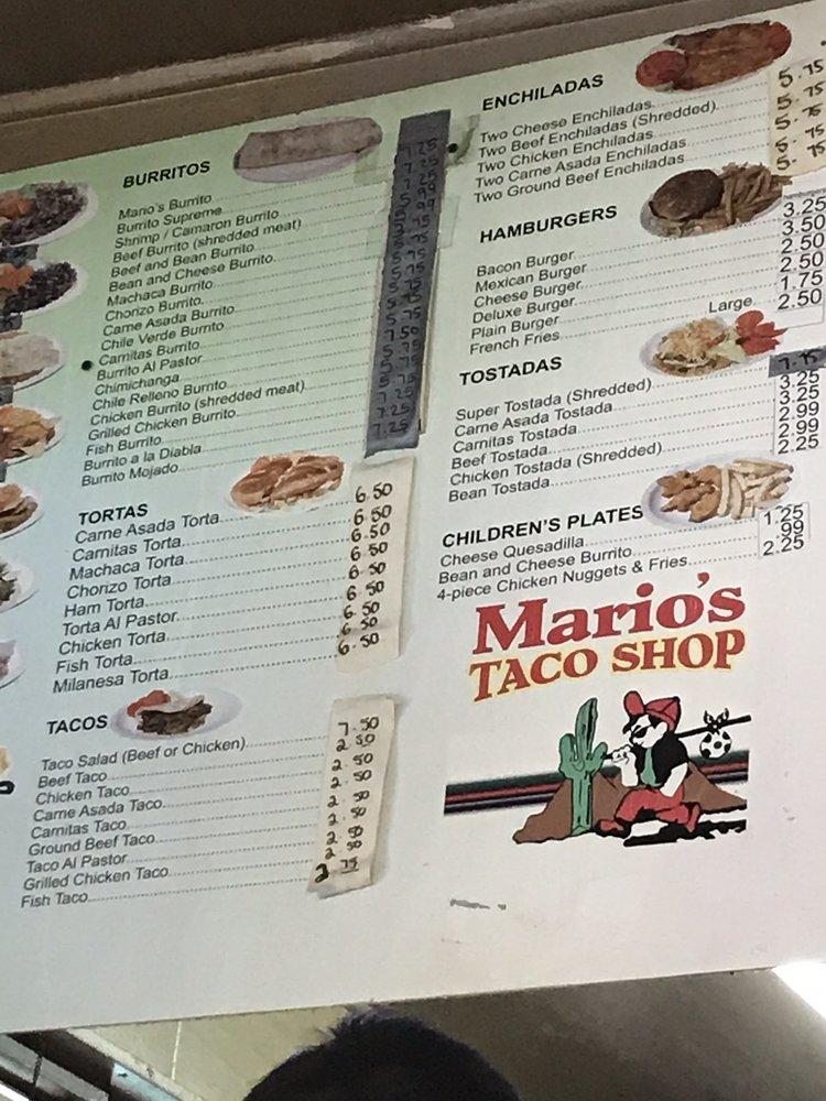 Menu at Mario's Taco Shop fast food, Merced, 51 W 16th St