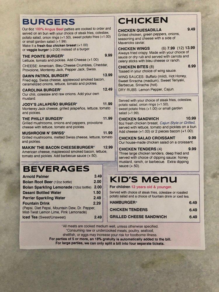 Menu at Mavericks Pointe pub & bar, Sunset Beach